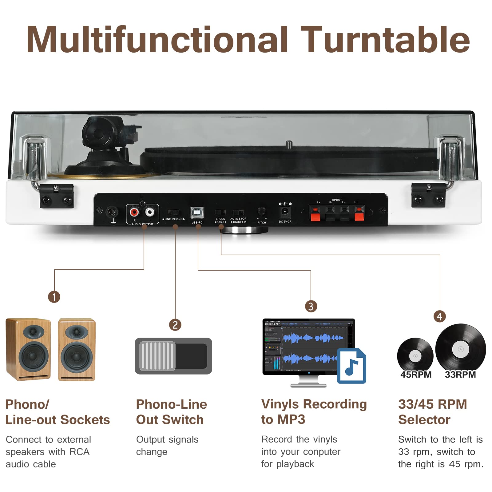 Record Player Turntable with Wireless Input and Output Vinyl Player Support 33&45 RPM Phono Line Output USB Recording with Adjustable Counterweight Magnetic Cartridge White