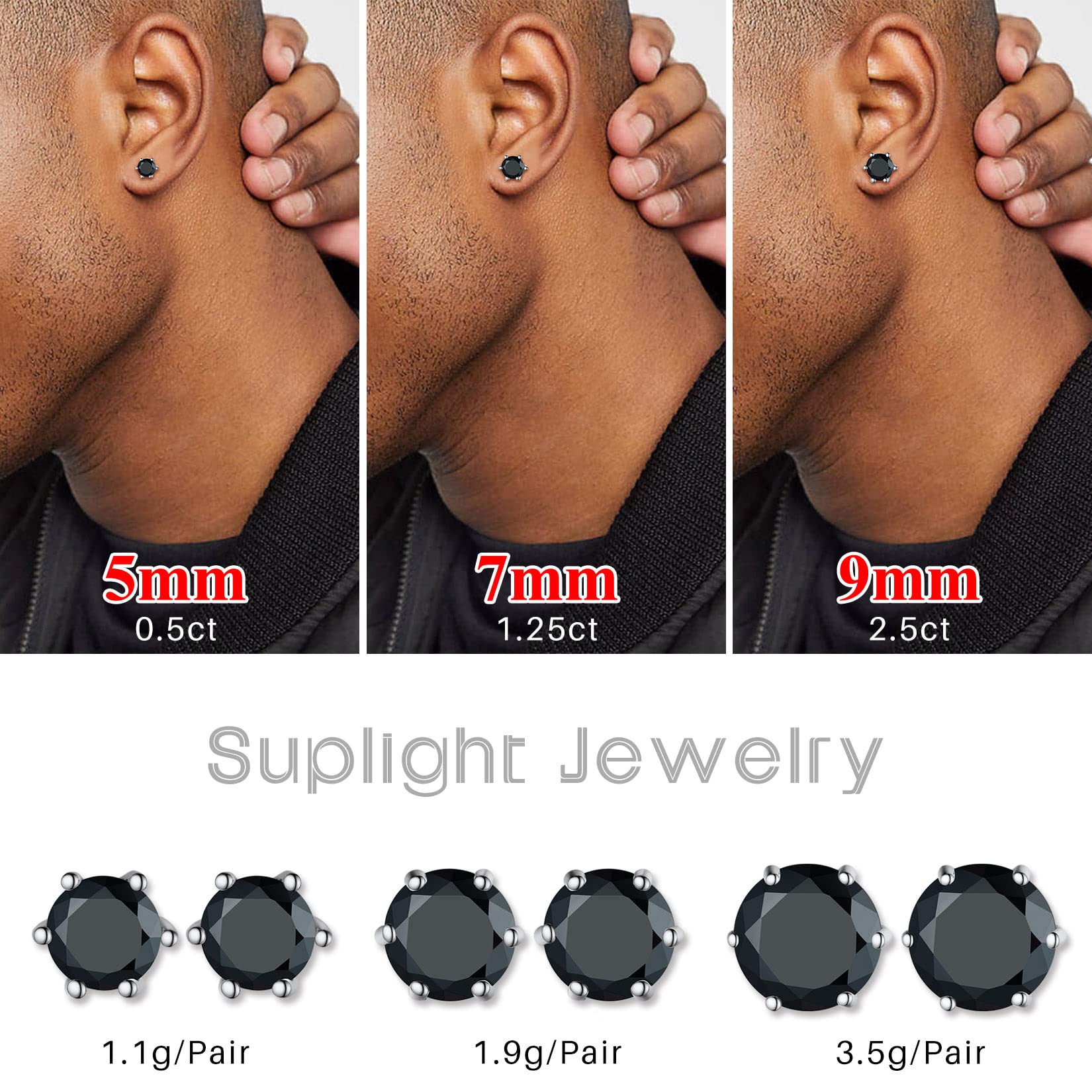 Suplight Womens Mens Earrings 925 Sterling Silver Black Cubic Zirconia Stud Earrings for Women 9mm
