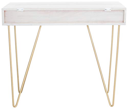 Safavieh Home Office Collection Raveena White Wash and Brass 1-Drawer Hairpin Leg Desk, 0