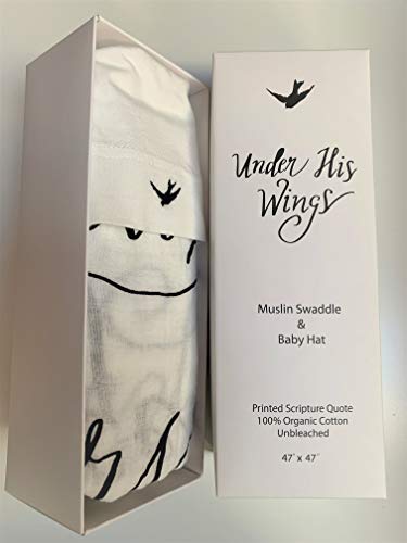 Under His Wings Muslin Swaddle & Bonus Baby Hat with Scripture Quote (Psalm 91) - 100% Organic Unbleached Cotton - Swaddle/Blanket is a Unique Shower & Baptism Gift -