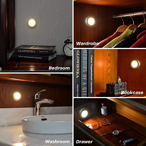 STAR-SPANGLED 5 Pack 2.8β Push Tap Lights, Stick on Touch Puck Lights AAA Battery Operated, LED Sticky Button Lights for Classroom, Kitchen, Under Cabinet, Closet (Golden, Warm White)
