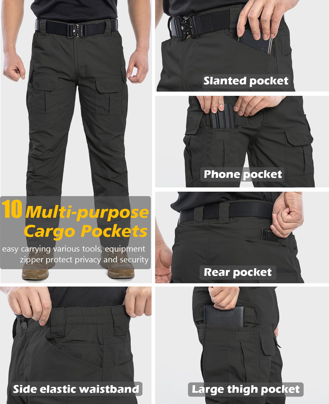 NAVEKULL Men's Outdoor Tactical Pants Rip Stop Lightweight Waterproof Military Combat Cargo Work Hiking Pants Black