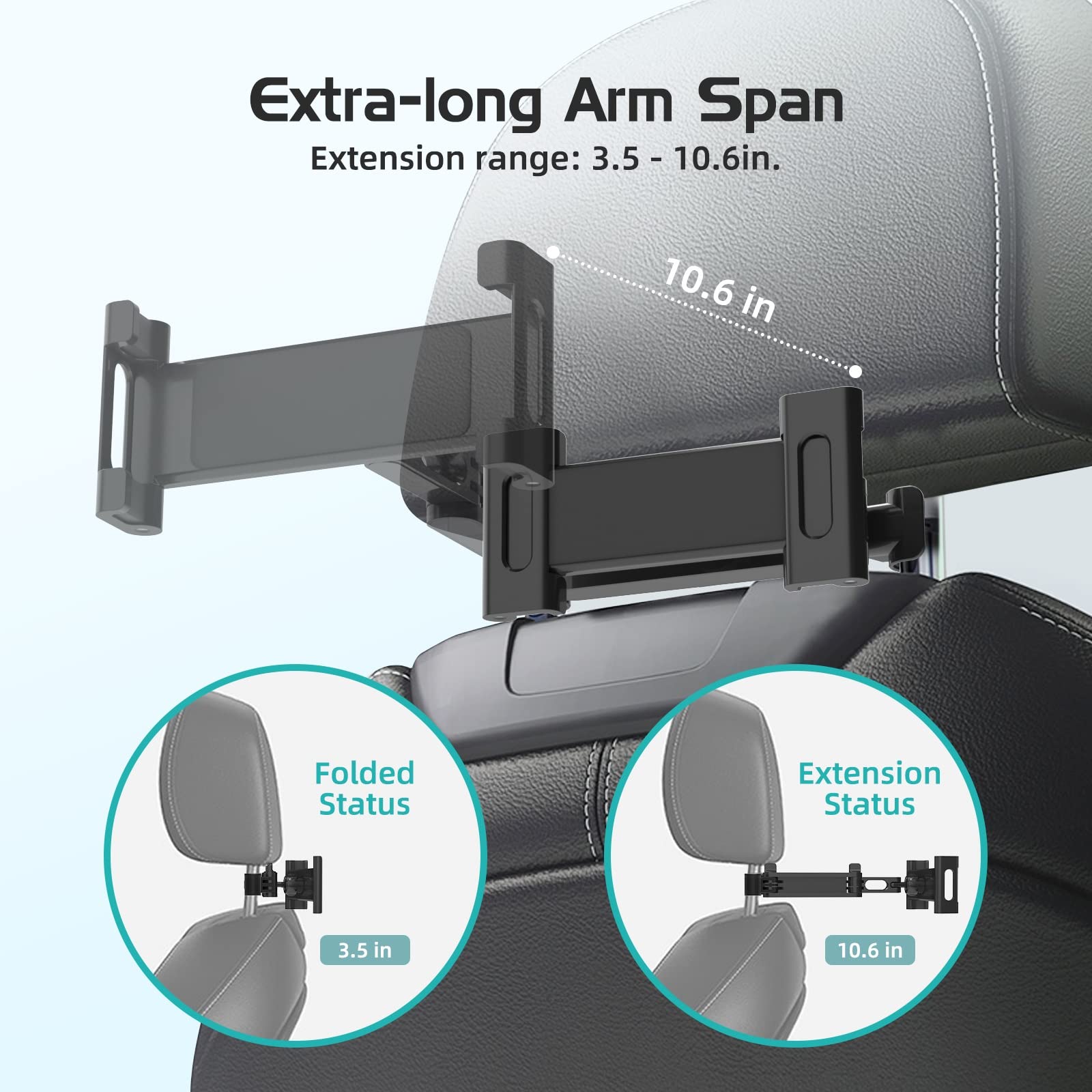 YUICHH Car Headrest Mount Car Tablet Holder with 2 Pack Car Seat Headrest Hooks, Ipad Holder for Car Compatible with 5-12.9”IPad/Tablet/Phone/Switch, 360° Rotating Headrest Tablet Holder