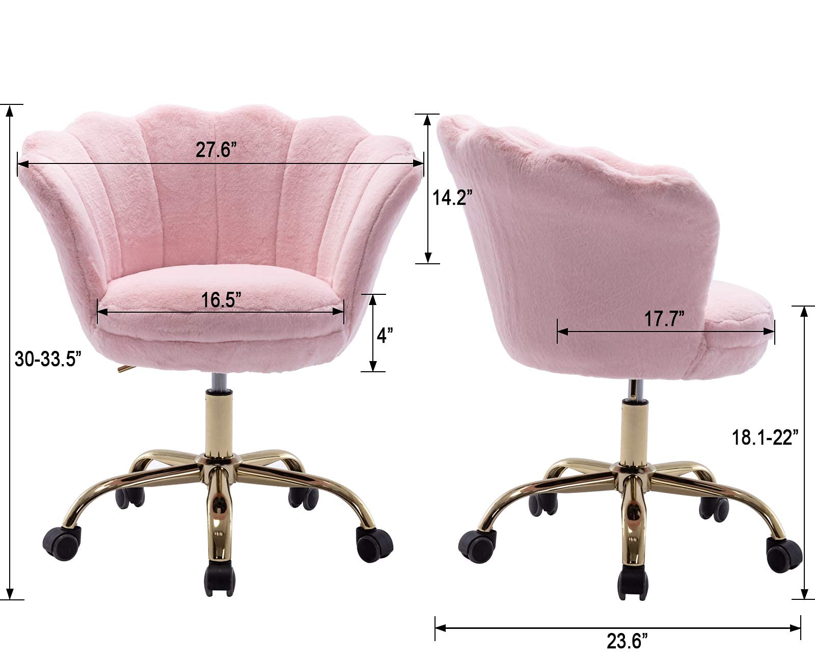 Pink Desk Chair Fluffy Task Vanity Chair Home Office Chair Adjustable Rolling Swivel Chair with Wheels for Teens Adults Bedroom Study Room, Faux Fur