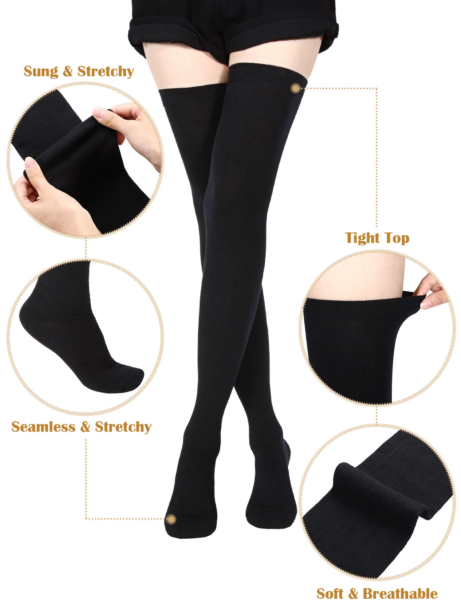 SATINIOR Extra Long Socks Thigh High Cotton Socks Extra Long Knee Boot Stockings for Women (Black)