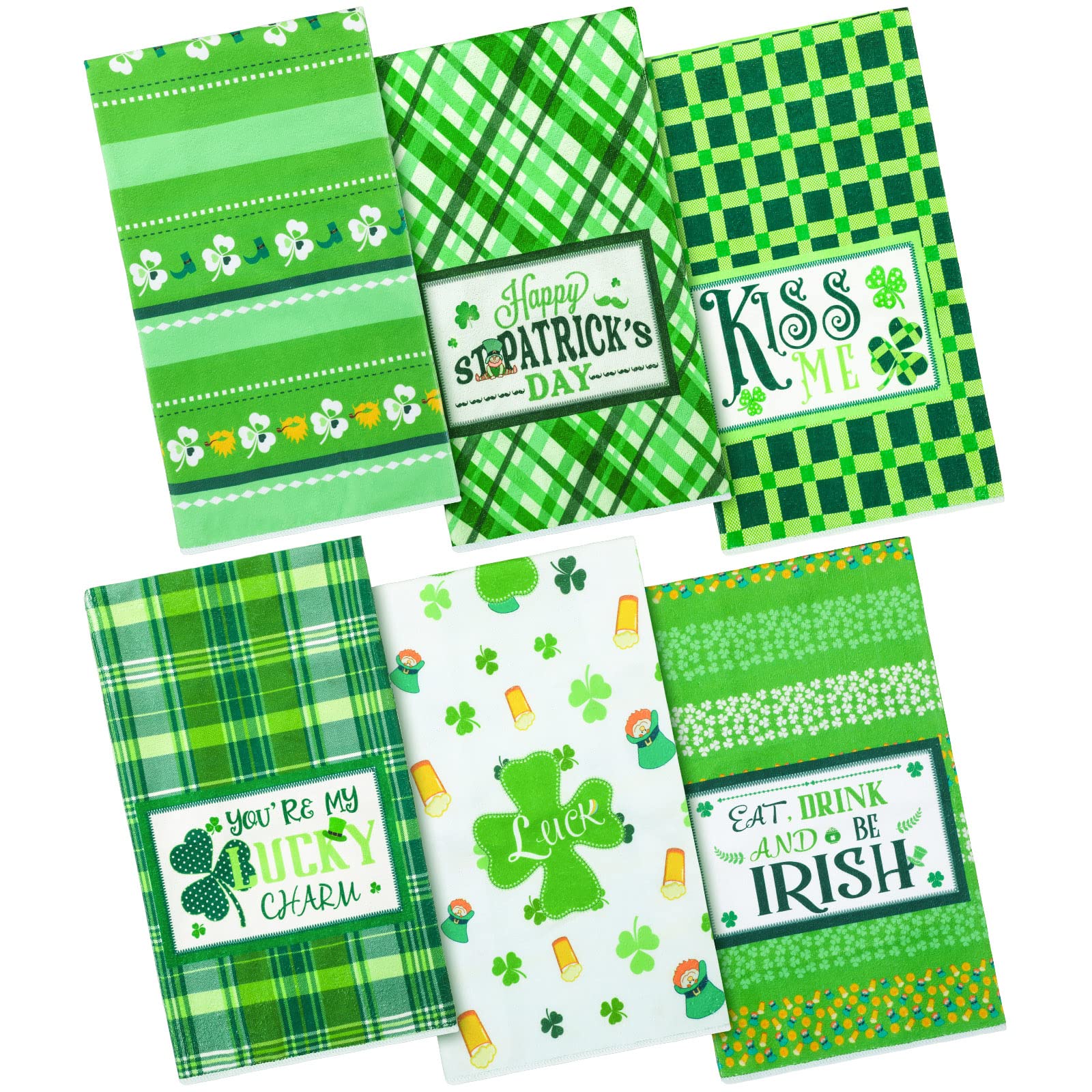 Tudomro 6 Pieces St Patrick's Day Dish Towels 27.6 x 17.7 Inch Shamrock Clover Green Plaid Kitchen Hand Dish Towels Happy St. Patrick's Day Dish Towels Fabric Wash Cloth for Home Kitchen, 6 Styles