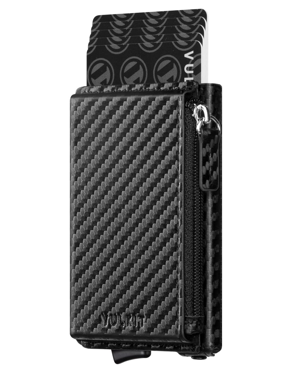 VULKIT Credit Card Holder with Leather Zipper Pocket Pop up wallet RFID Blocking Slim Metal Card Case for Men or Women(Carbon Black)