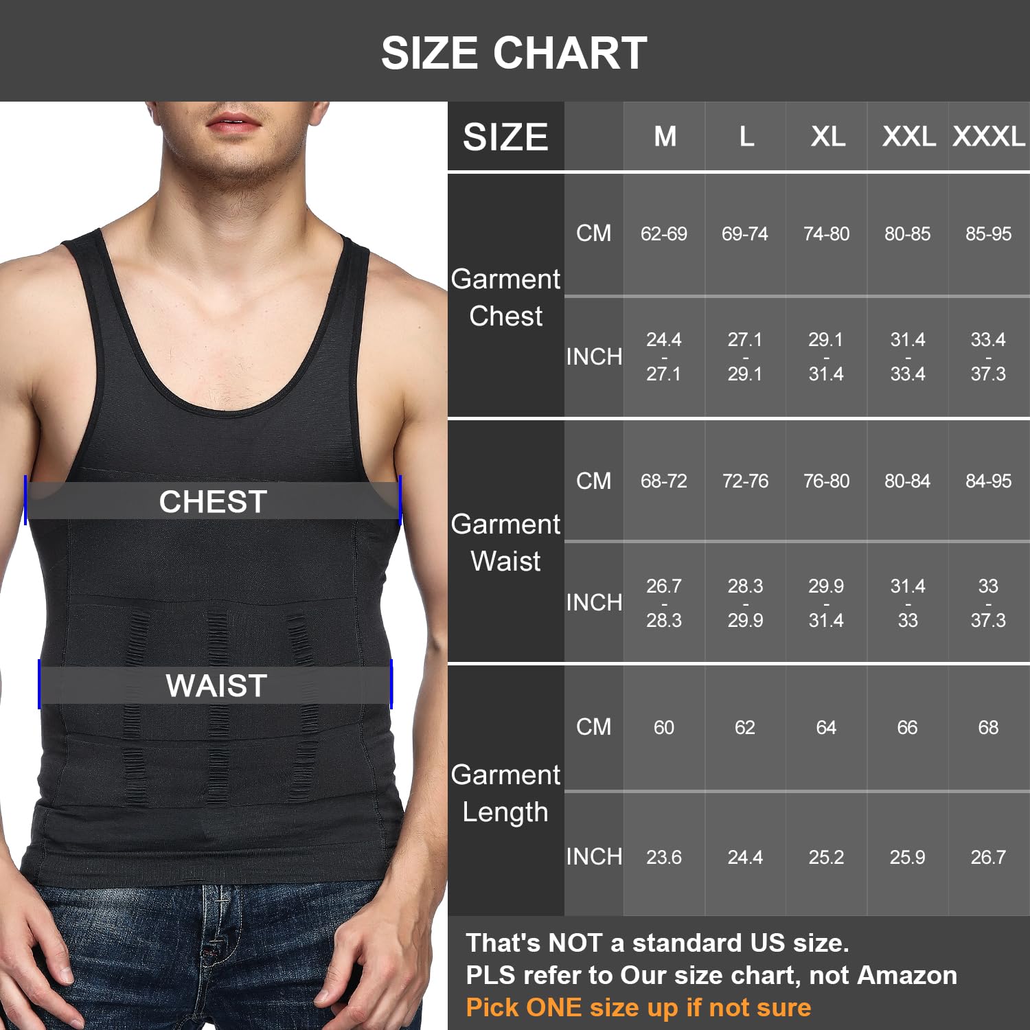 Odoland Men's Body Shaper Slimming Shirt Tummy Vest Thermal Compression Base Layer Slim Muscle Tank Top Shapewear, Black, M