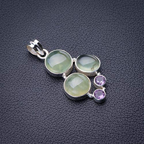 StarGems Natural Prehnite And Amethyst Handmade 925 Sterling Silver Pendant 1.75" D9628