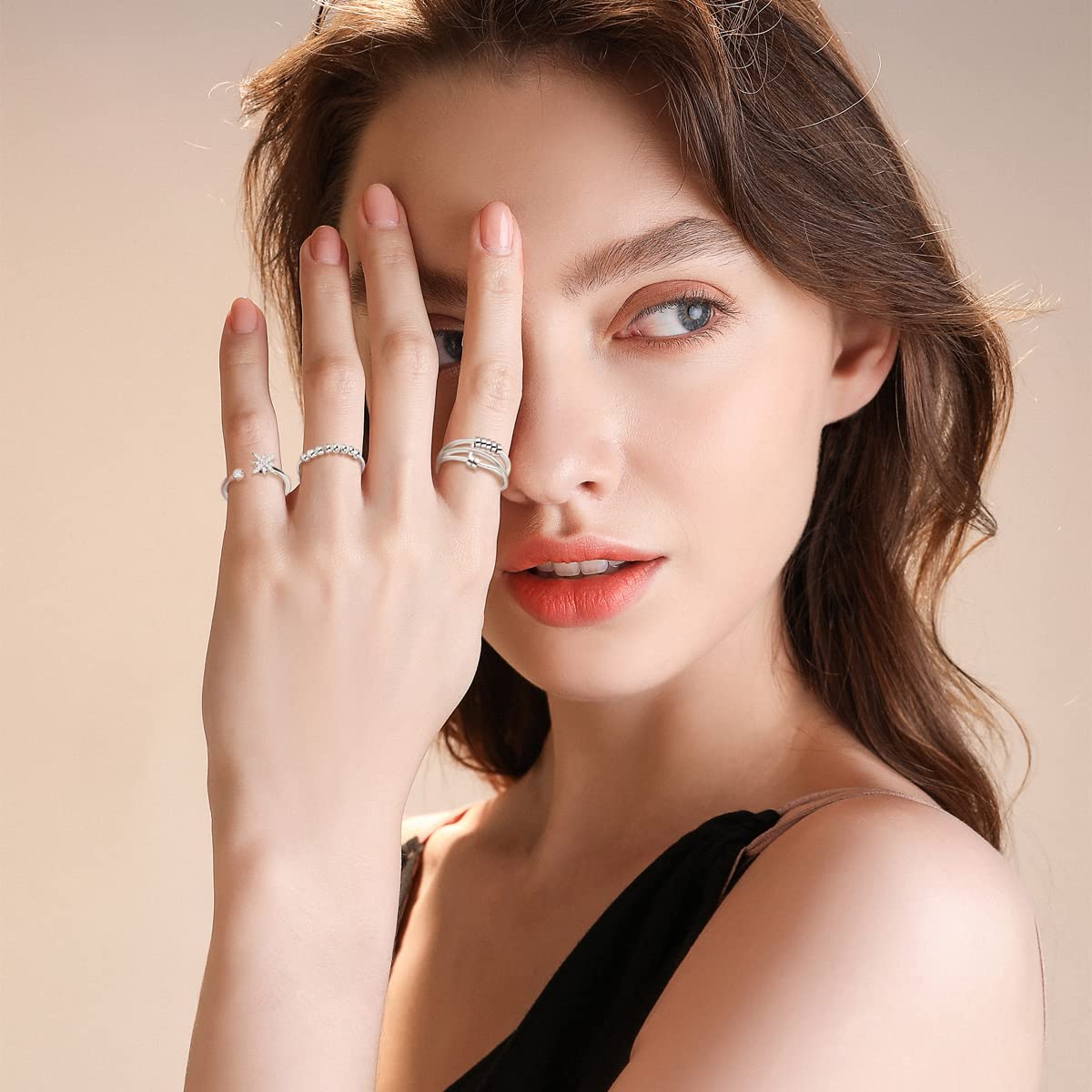 Vito Sterling Silver Fidget Anxiety Ring, Unisex Adjustable Open Band Ring With Rotatable Beads, 2 Layers Expandable Spinner Ring Jewelry Gift