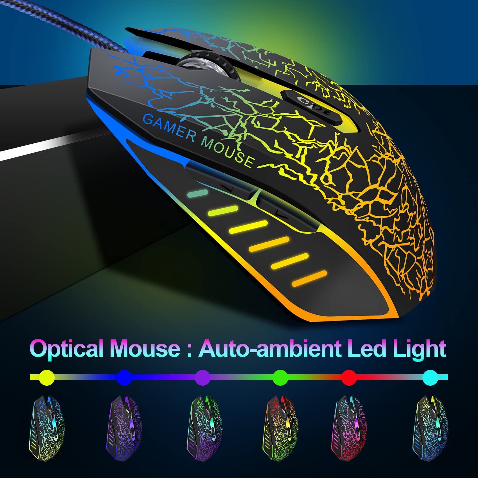Wired Gaming Mouse , Optical USB Mice for Laptop/desktop, 1200 to 3600 4 Adjustable DPI and RGB light, Ergonomic with 6 Programmable Buttons for Computer Windows 7/8/10/XP Vista Linux Chromebook PC