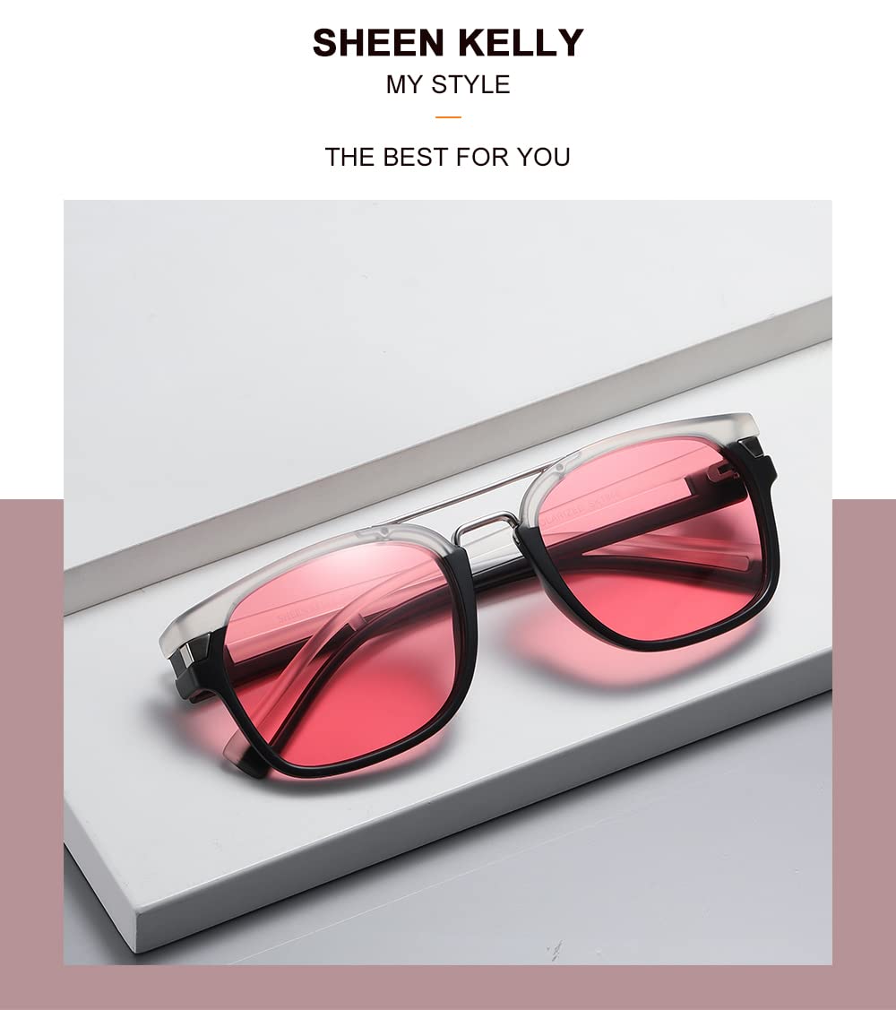 SHEEN KELLY Polarized Square Sunglasses for Men Women Retro Rectangular TR90 Frame Red Pink Tinted Lens Eyewear