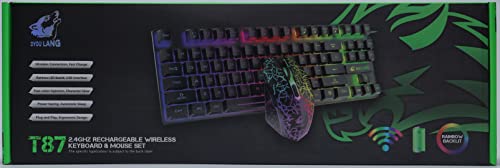 Wireless Gaming Keyboard Mouse and Wrist Rest Set with 87 Key Rainbow Backlight Rechargeable 3800mAh Battery Mechanical Feel Anti-ghosting Ergonomic Waterproof Mute Mice for PC Mac Gamer (Black Mix)