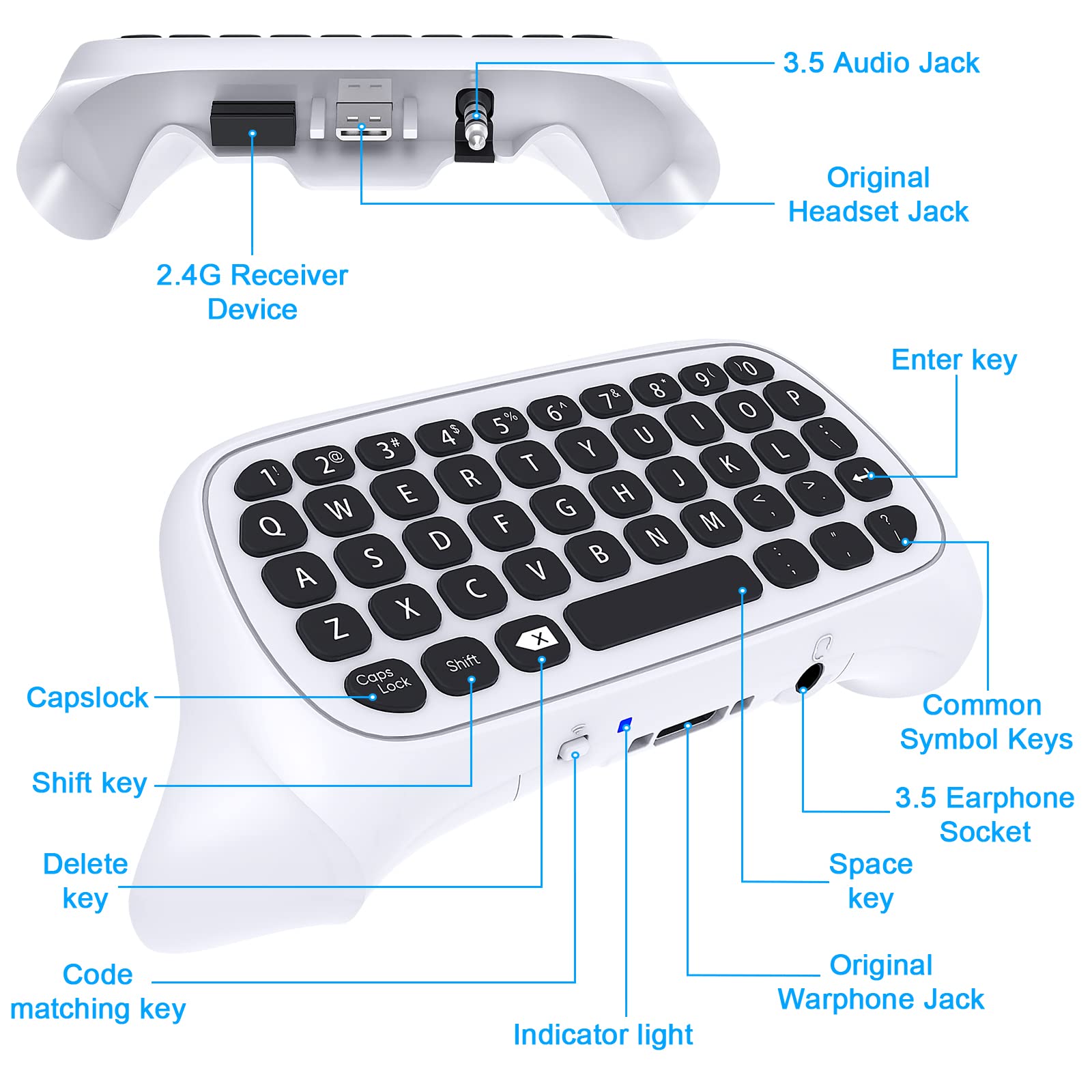 Wireless Keyboard for Xbox One/S, for Xbox Series X/S Controller, Mini Chatpad Message Controller Keyboard Built-in Speaker with 2.4G Receiver & 3.5mm Audio Jack for Xbox Series X/S/One/S (White)