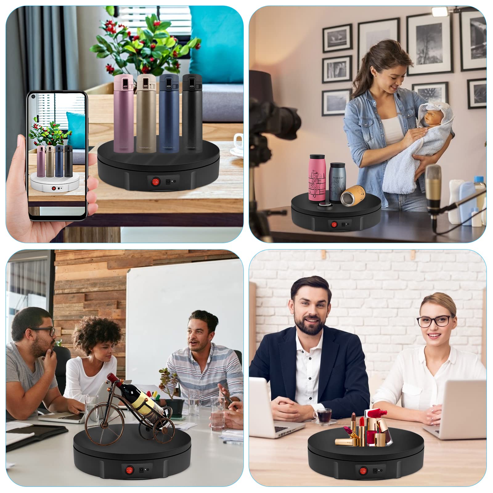 PUOSUO 360 Degree Electric Rotating Turntable, 11.8inch / 220Lbs Load,Motorized Rotating Display Stand, For Photography Products Display,Live Video Show,Remote Control Angle, Speed (Black)