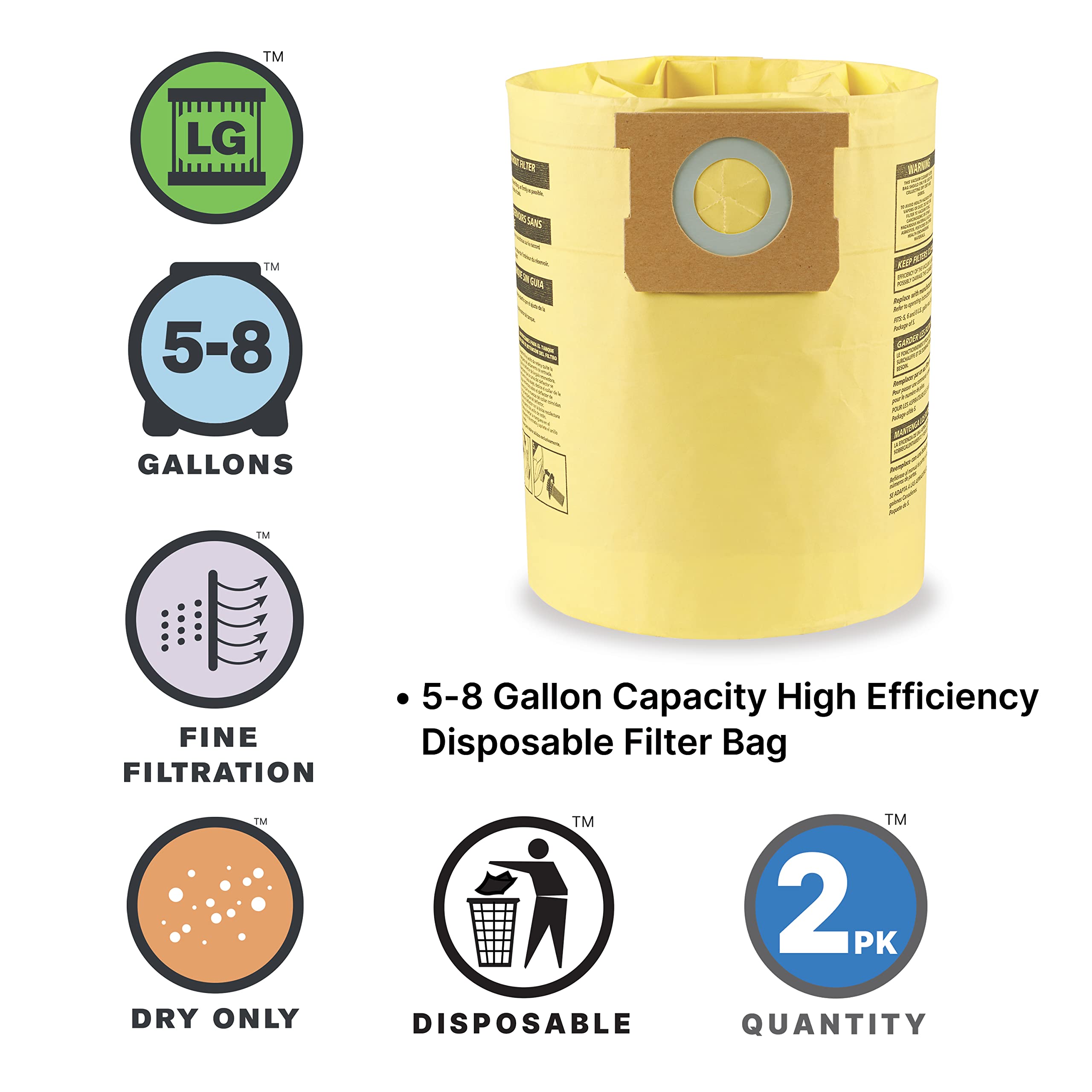 Shop-Vac 9067133, High-Efficiency Disposable Collection Filter Bags, Fits 5-8 Gallon Tanks, Yellow, Vacuum Filter Bags, Dry Pick Up Only, (2 Pack)