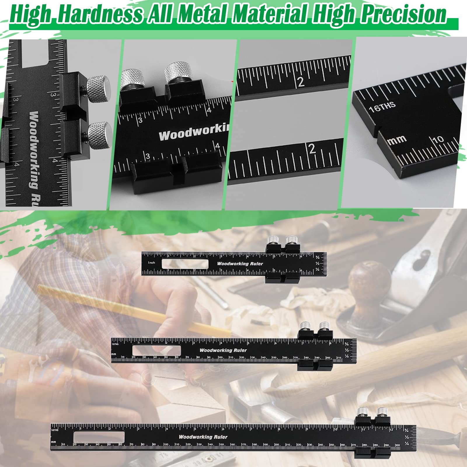 Woodworking Ruler Precision Pocket Rule - 12, 8, 6 Inch Metal Slide Stop Marking Ruler Metric Inch Measuring Wood Working Scribing Rulers Measure Tools - Engineers Woodwork Adjustable Sliding Ruler