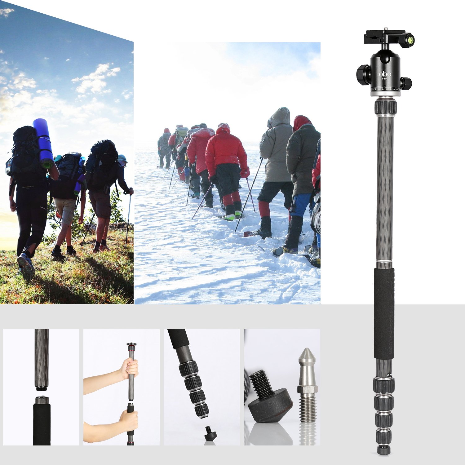 OBO N3 Carbon Fiber Camera Tripods for Digital DSLR Cameras with Quick Release Plate and Ball Head,Red and Black