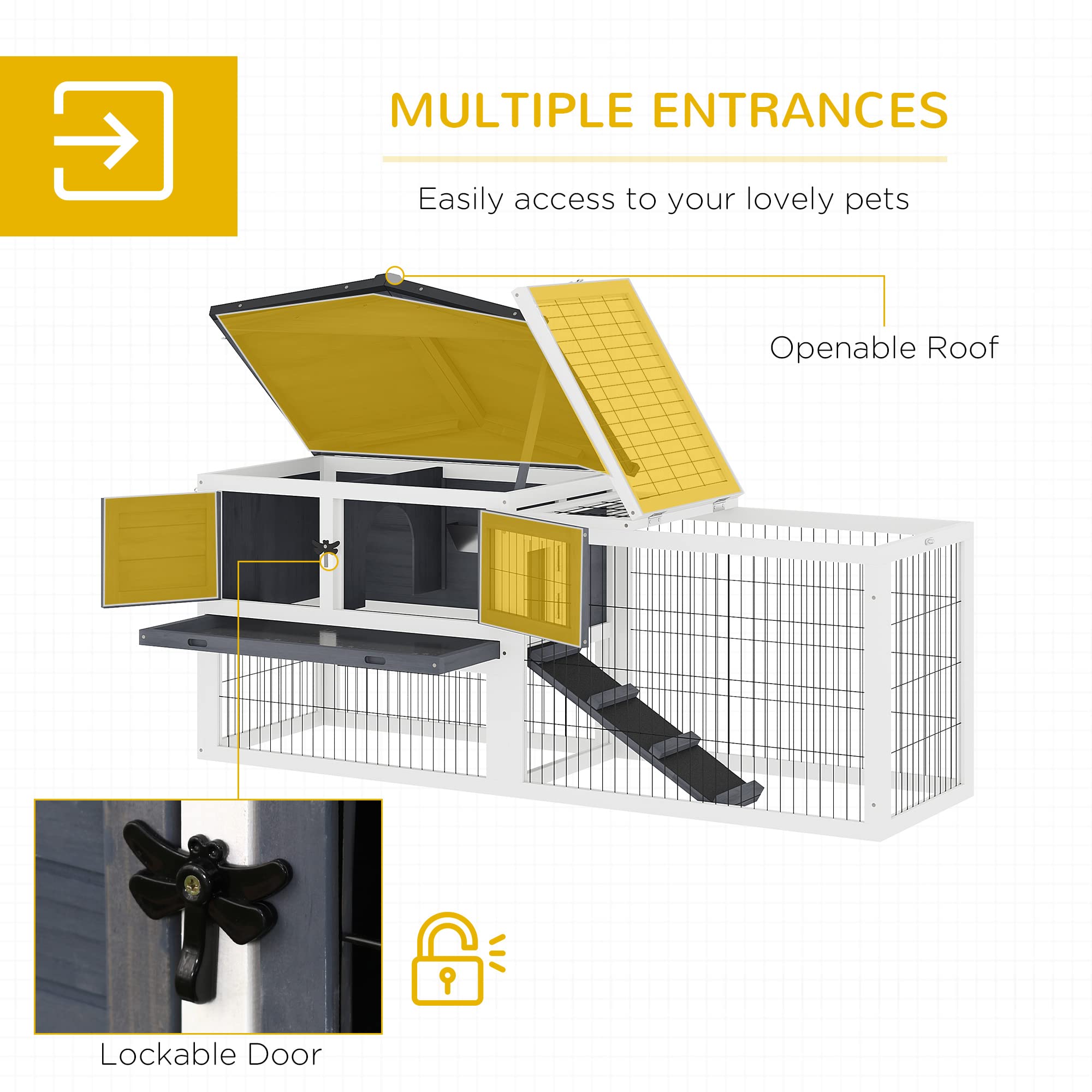 PawHut Rabbit Hutch, 2 Story Outdoor Bunny Cage with Slide-Out Tray, Run Cage, Openable Top for Rabbits, Guinea Pig, Dark Gray