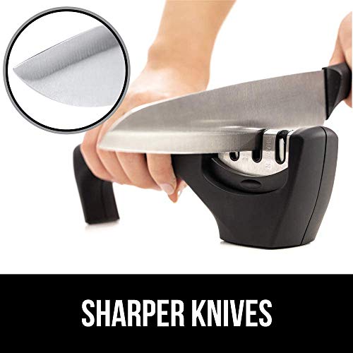 Premium Knife Sharpener, Professional Kitchen Chef 3 Slot Design, Easy Sharpening, Slip Resistant Grip, Safely Sharpen Knives, Restore Dull Knife for A Sharp Edge, Jet Black