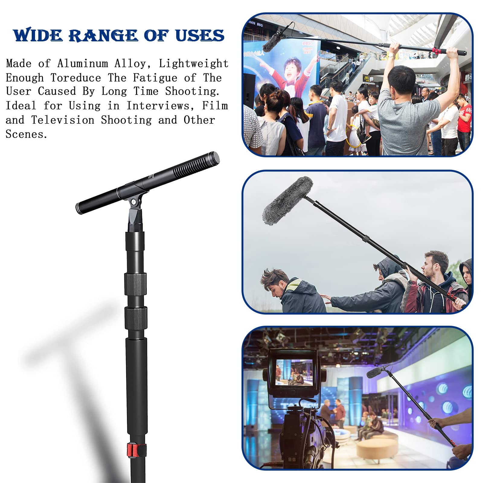 VIVEMCE Boom Pole for Shotgun Mic, Professional Boom Mic Pole for Video Recording,3-Section Extendable Rod From 3.1ft to 8.3ft Adjustable Length with 1/4" and 3/8" to 5/8" Threads