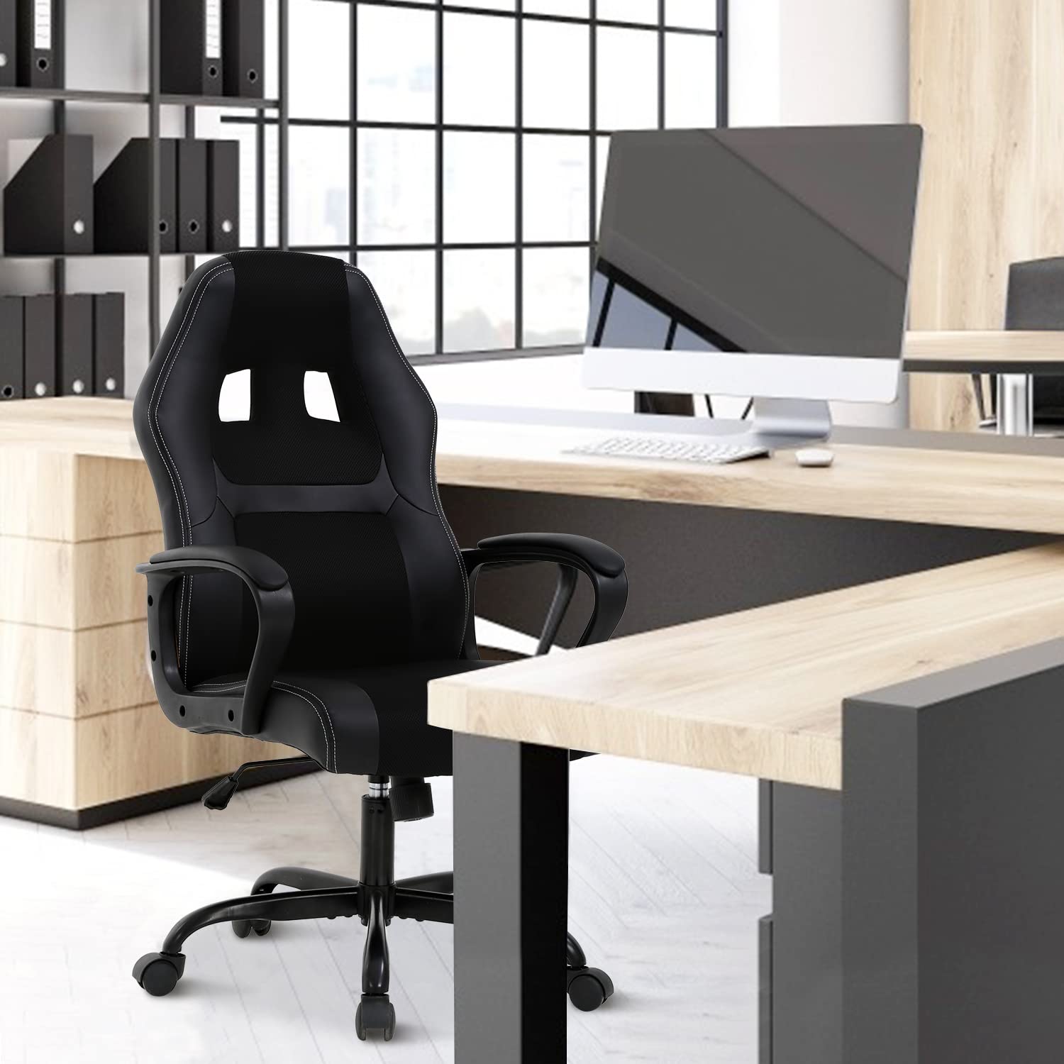Office Chair Ergonomic Executive Desk Chair,Racing PC Gaming Chair with Lumbar Support, Comfortable Mesh Home Computer Chair High Back Leather Swivel Task Chair for Adults, White