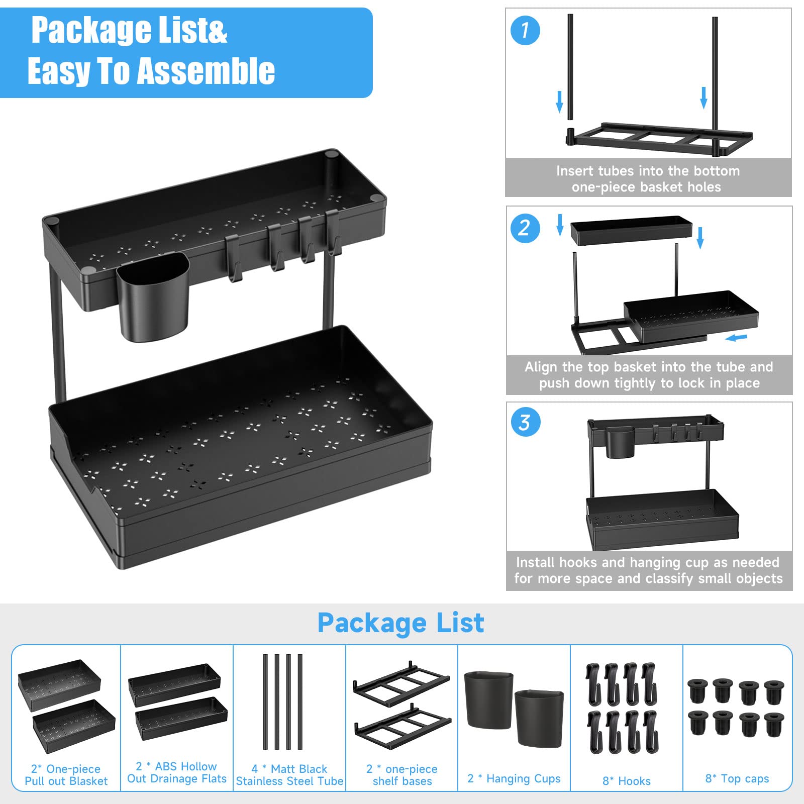 Under Sink Organizers and Storage, LEITAO 2 Tier Under Sliding Cabinet Bathroom Organizer w Hooks, Hanging Cup, Multi-use Pull Out Narrow Space Pull Out Organizer for Home Kitchen Bath Office(2 Pack)