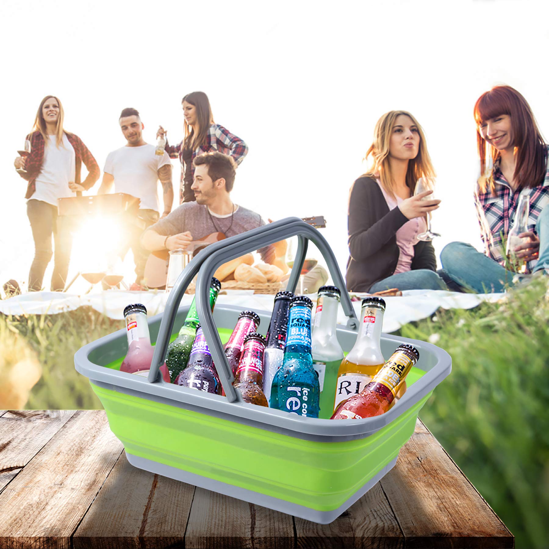 Playinyard 2 Pack Collapsible Camping Sink, 2.37Gal/9L Portable Wash Basin with Handle for Camping Hiking and Home, Green and Blue