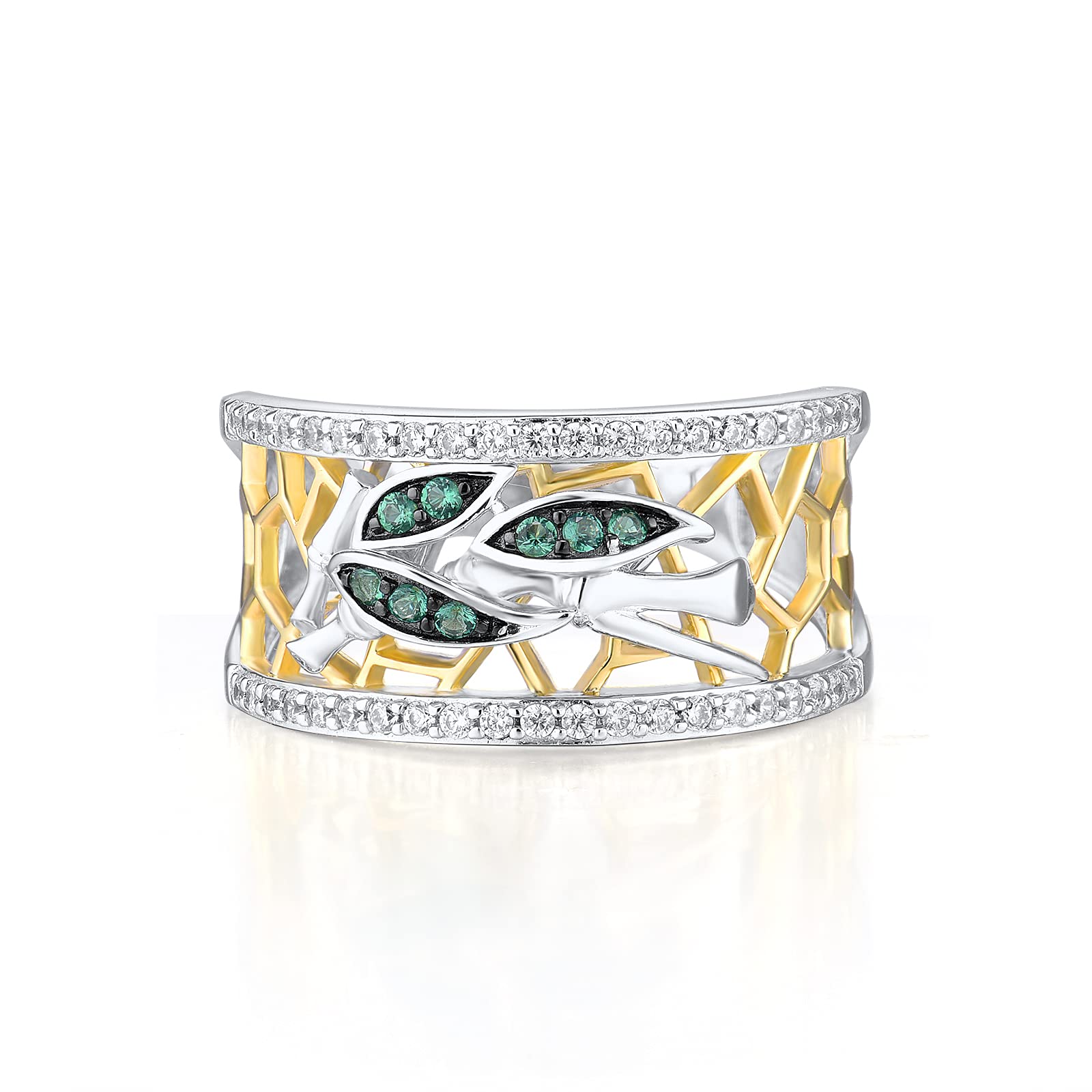Santuzza Bamboo Leaves Gemstone Ring 925 Sterling Silver Green Spinel Cubic Zirconia Openwork Ring for Women (8)