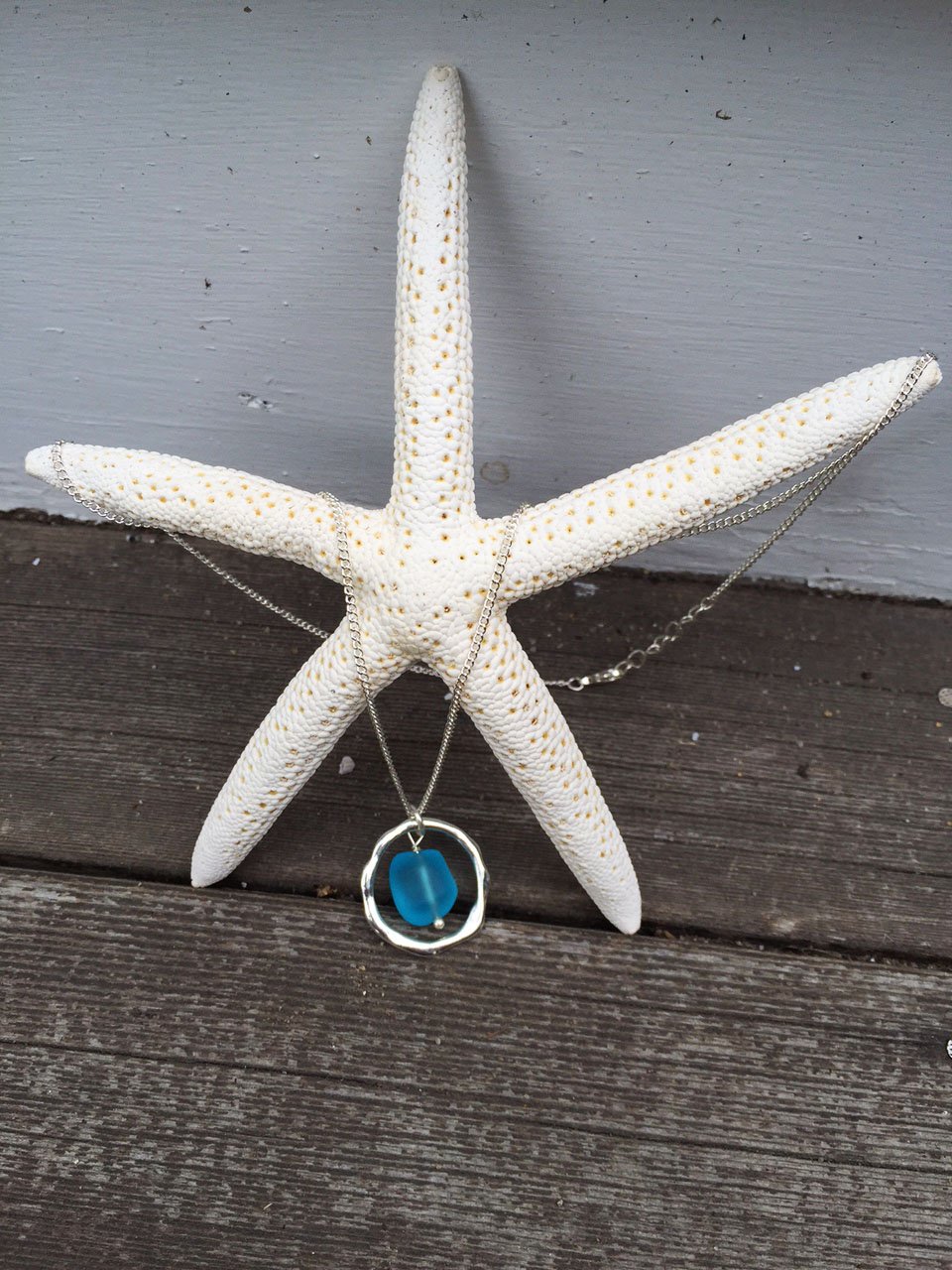 Ocean Waves Sea Glass Pendant Necklace, with sterling silver chain,Handmade Silver Plated Hoop with TumbledTurquoise Sea Glass