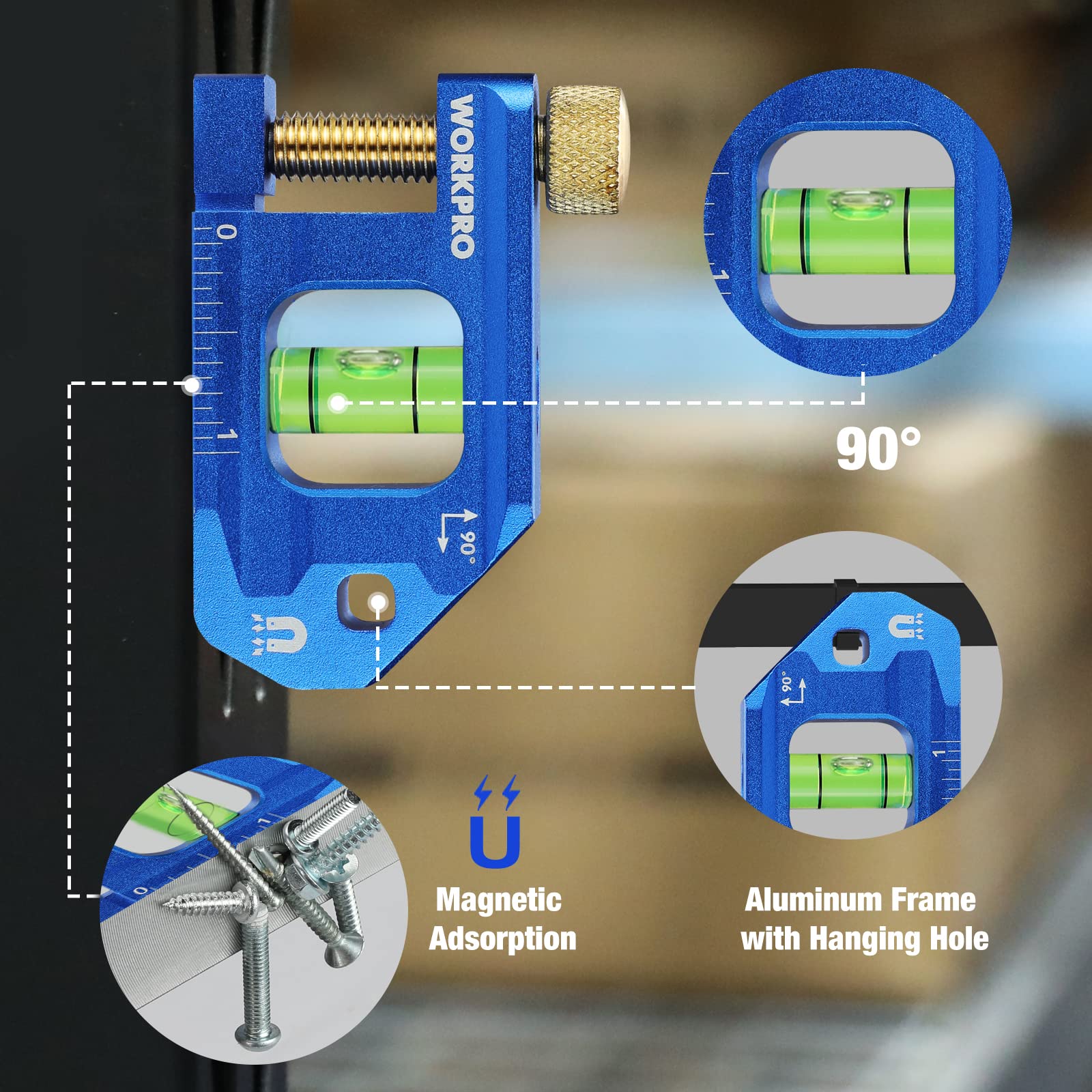 WORKPRO Conduit Bending Level, Magnetic Level, Pipe Level, Bubble Vial for 90° Measurement, Aluminum Alloy Construction, 2.5-inch, Cobalt Blue