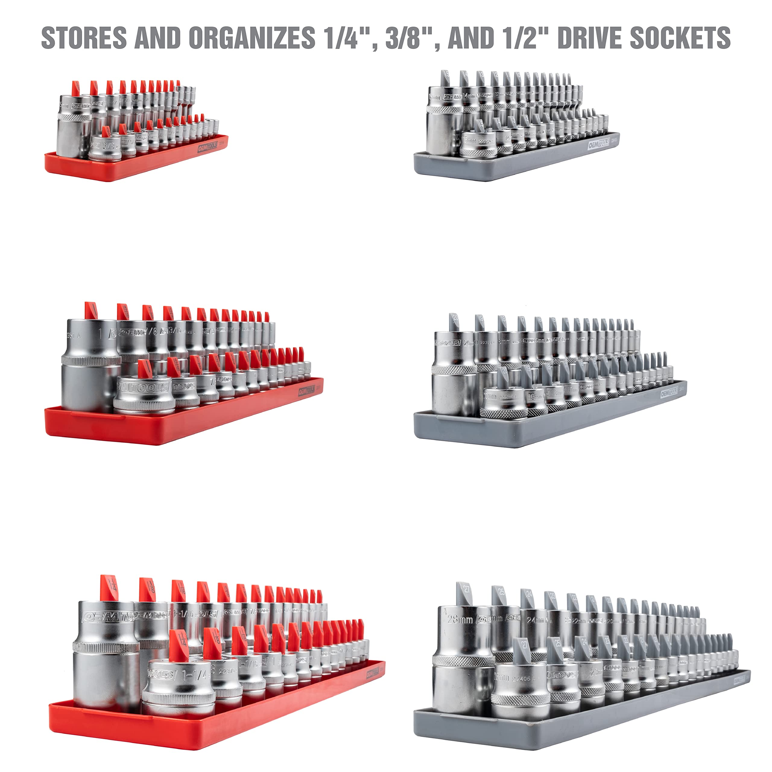 OEMTOOLS 22413 6 Piece SAE and Metric Socket Tray Set, SAE and Metric Socket Storage for Sizes 1/4", 3/8β, and 1/2" Drive, Socket Holders and Socket Organizer Tray for Toolbox, Red/Grey