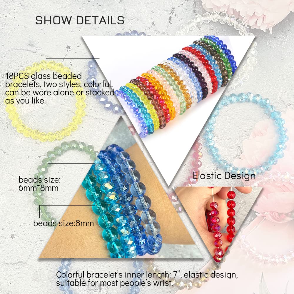 WAINIS 18PCS Glass Crystal Beaded Bracelets for Women Handmade Stretch Elastic Bracelets Multicolor Stackable Round&Versatile Beads Bracelet Jewelry Gifts