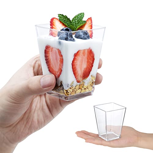 SHOPDAY 5oz Plastic Dessert Cups with Lids 100 Pack Small Clear Square Parfait Cups with Spoons, Mini Plastic Tumbler Serving Cups for Tasting Party Appetizers Mousse Yogurt