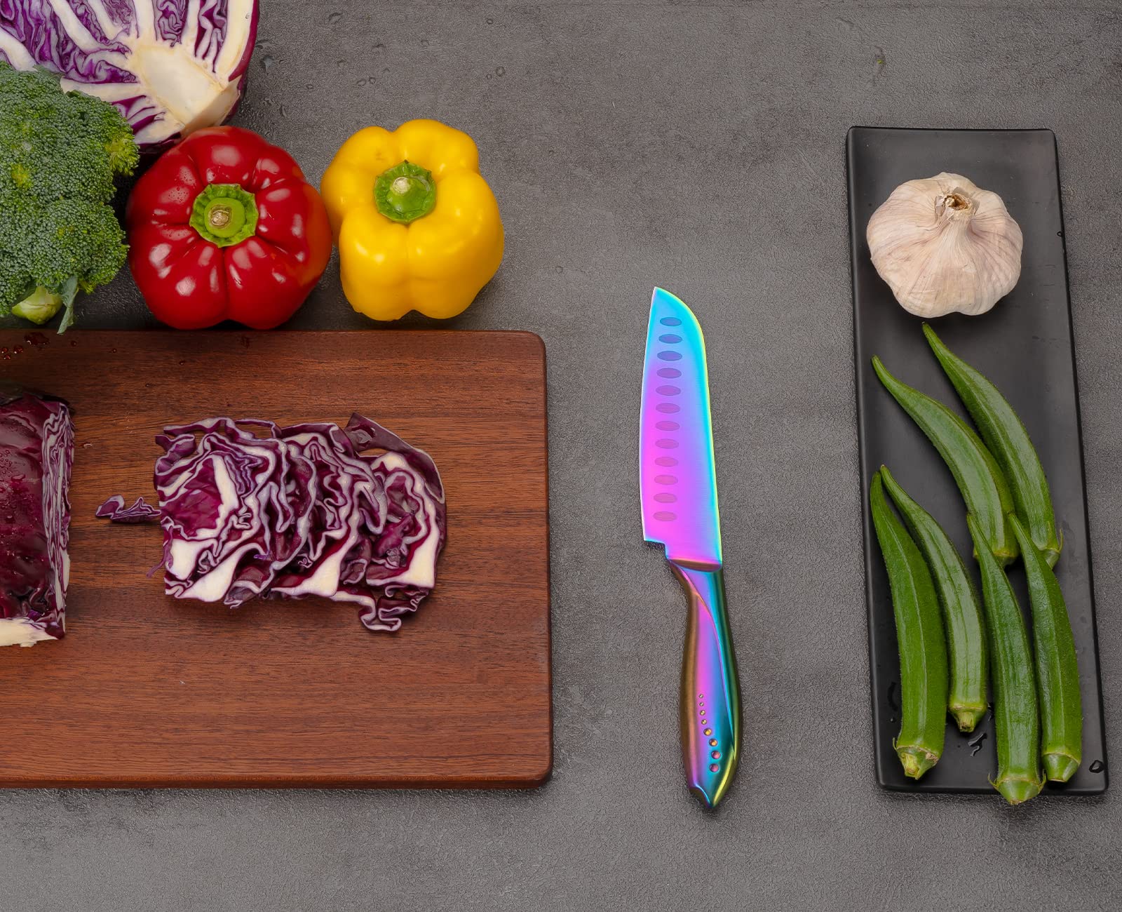 WELLSTAR Santoku Knife 5 Inch, Super Sharp German Steel Kitchen Cooking Knife with Comfortable Handle and Rainbow Coating for Slicing Dicing and Mincing of Meat Vegetables and Fruits for Small Hand