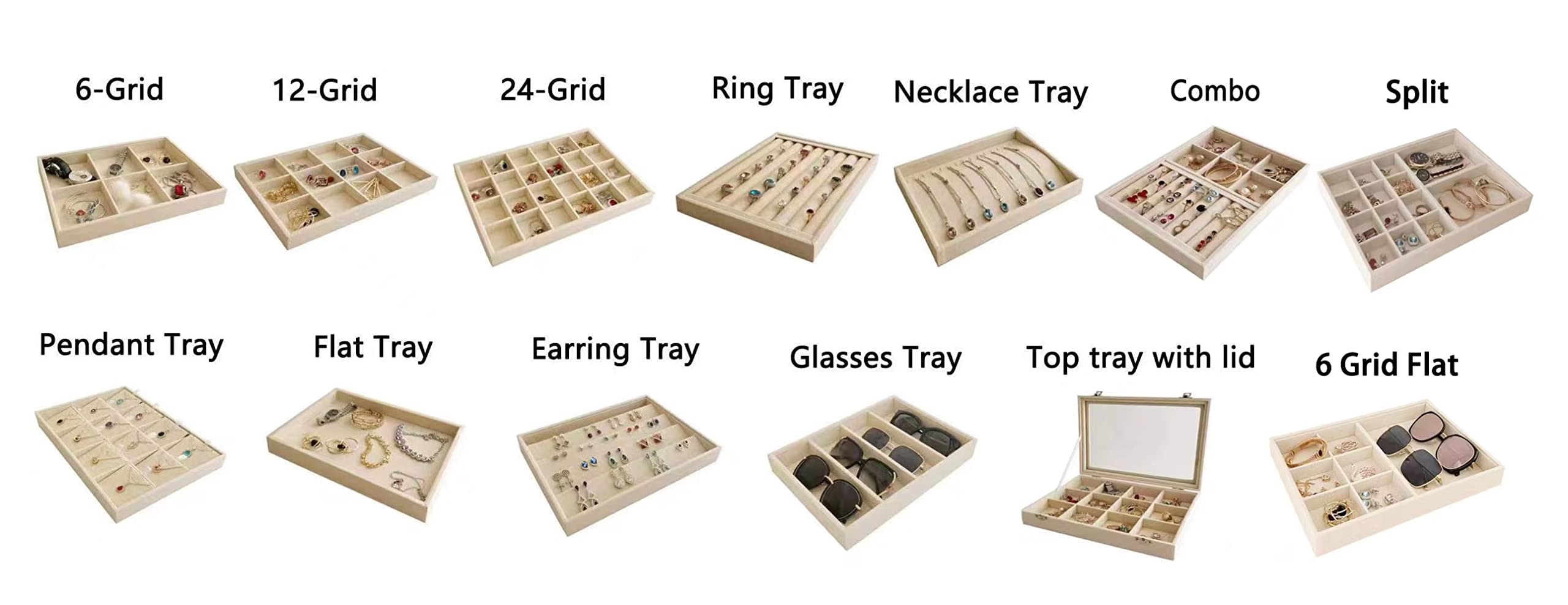Svea Display Beige Velvet Flat Tray Closet Organizer Drawer Inserts Divider for Jewelry Accessory Collectibles Trade Show Exhibition Home Use Premium Grade Material Neutral Tone