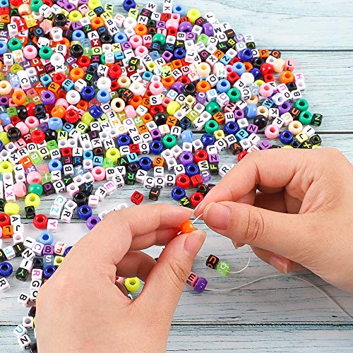 Quefe 1400pcs Beads Kit Letter Beads and Large Hole Beads in 6 Styles with 50 Meters Elastic String Assorted for DIY Bracelets, Necklaces, Key Chains and Other Jewelry Making