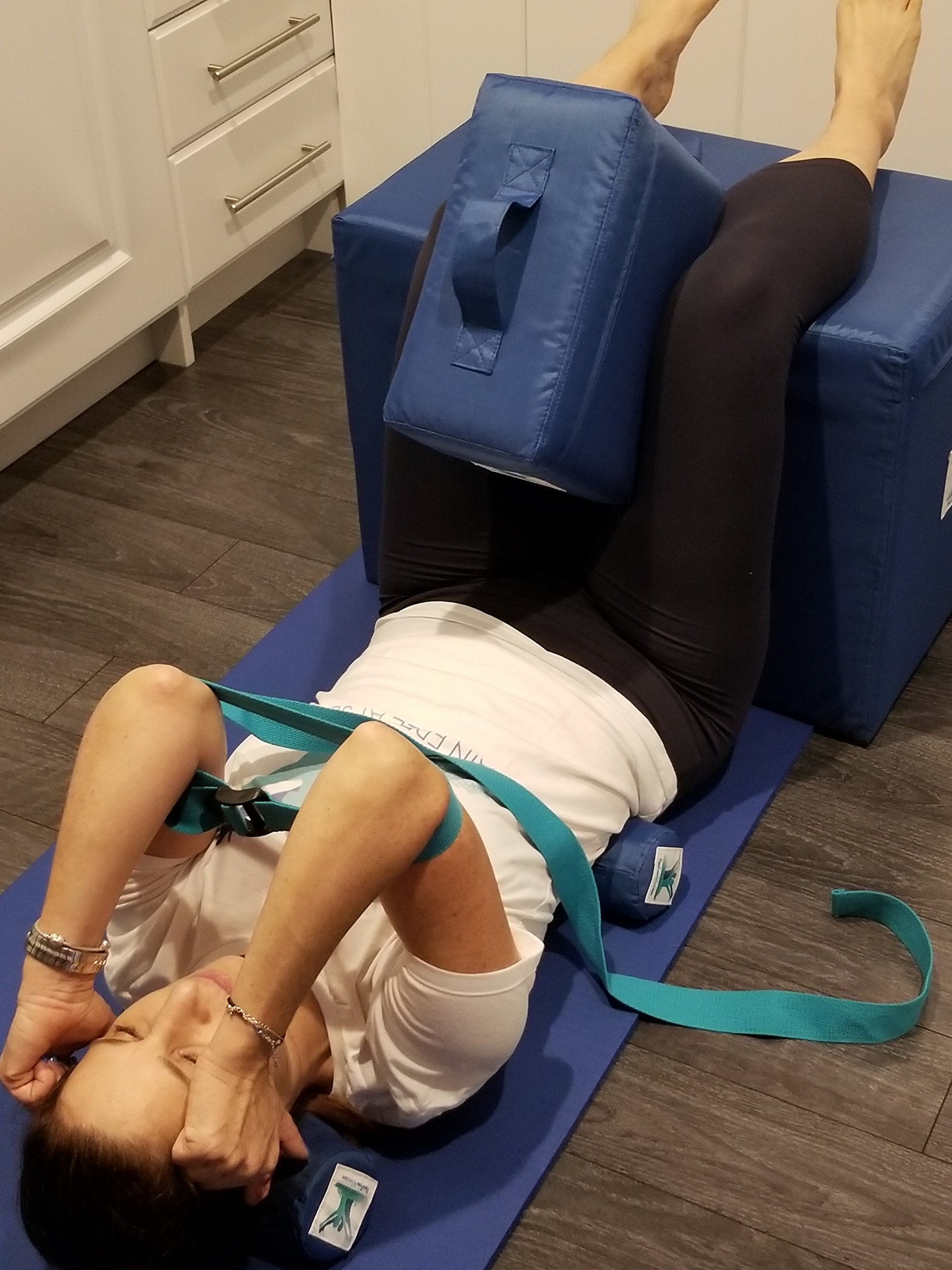 Pain Free-Posture SMALL Foam Block/Pillow & HEALING Aqua Strap/Yoga Belt Bundle-Record-Breaking Improved Egoscue Block- with practical Handle & Zipper- Waterproof- Best Belt with Plastic Strong Buckle