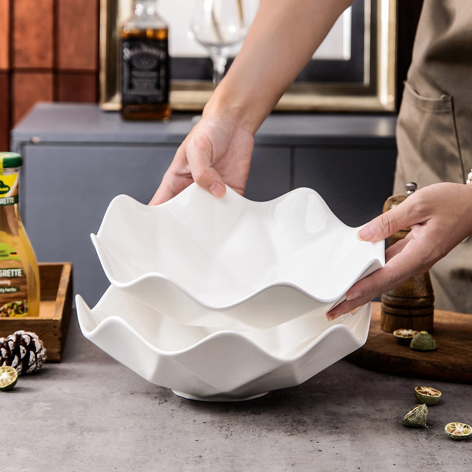 STE-CER 10" Wave Decorative Fruit Bowl for Kitchen Counter,Salad Bowls and Platters,Large Seving Bowls for Pasta,Salad, Candy, Set of 2(White Ceramic Bowl Modern)