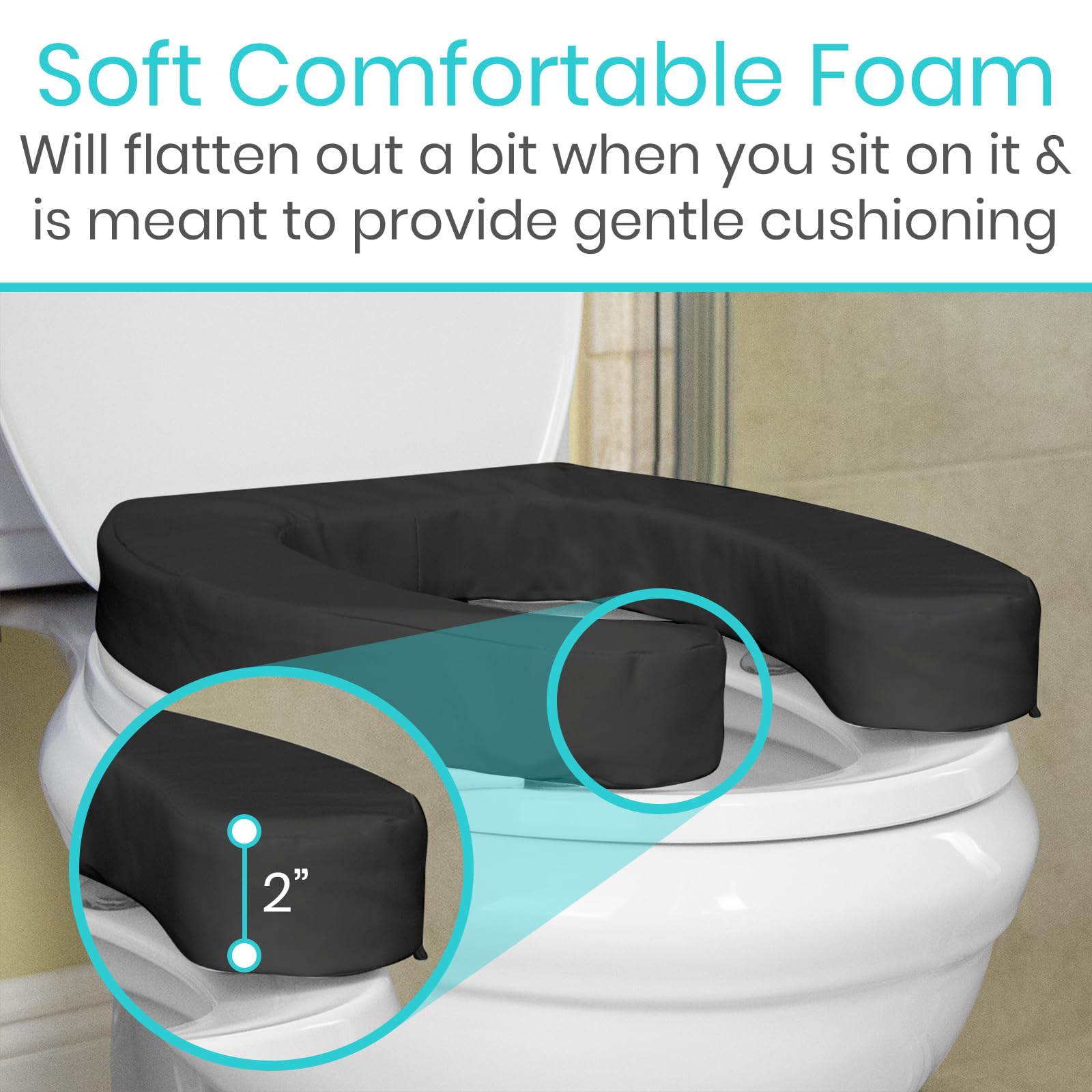 Vive Toilet Seat Cushion (Soft Cushioned Foam) - Easy Clean Soft Padded Bathroom Attachment - Elongated, Standard Seats - Comfort and Support Donut for Handicap, Adults (2" Cushioned Foam, Black)