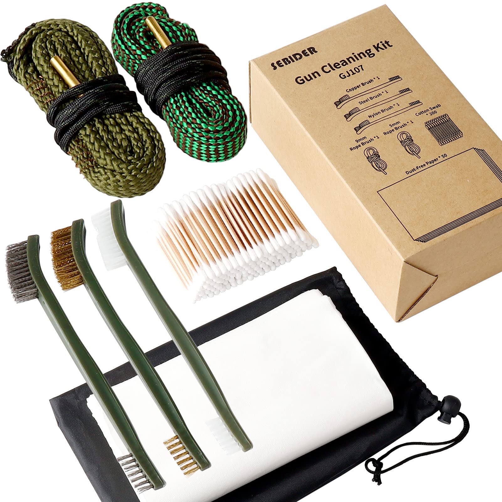 SEBIDER 9mm Bore Cleaner Universal Gun Cleaning Kits Gun Cleaning Brushes for Pistol Rifle Caliber .22.357.38.380 5.56mm Cleaning Swabs Patches with Compact Bag