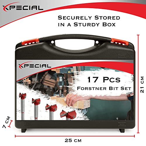 XPECIAL Forstner Bit Set 17 Pcs, 15-40mm Carbide Tipped Drill Bit Set, Wood Working Drilling Bits Sets, Red Anti-Rust and Anti-Corrosion Spray Paint Process