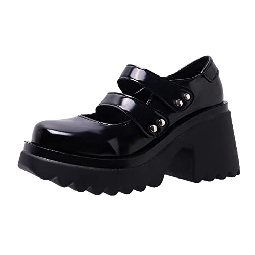 YUNWI Ladies Fashion Solid Color Leather Retro Low Top Square Toe Thick High Heel Shoes Size 11 Wedges for Women