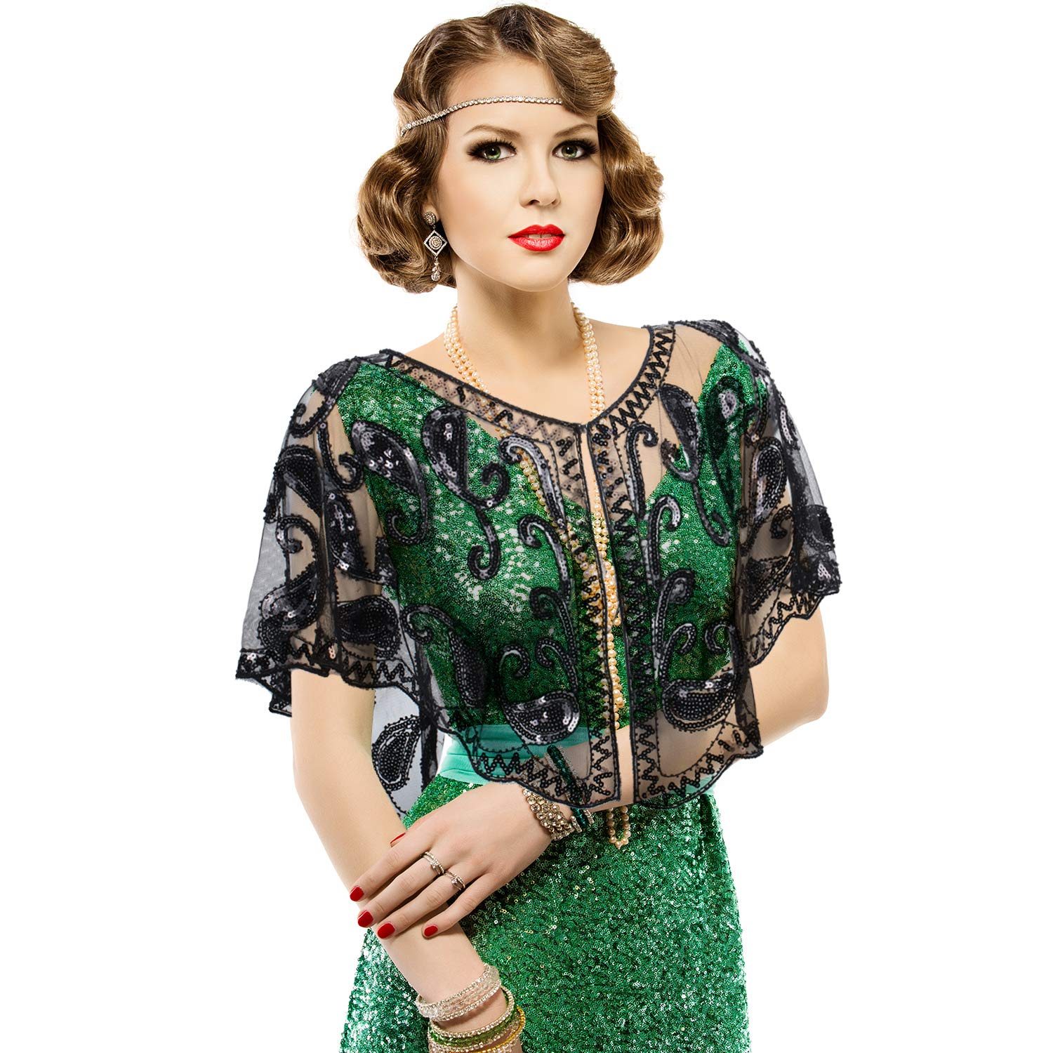 SATINIOR Women's 1920s Sequin Shawl Wrap Bridal Shawl Cover up Beaded Evening Cape (Black)
