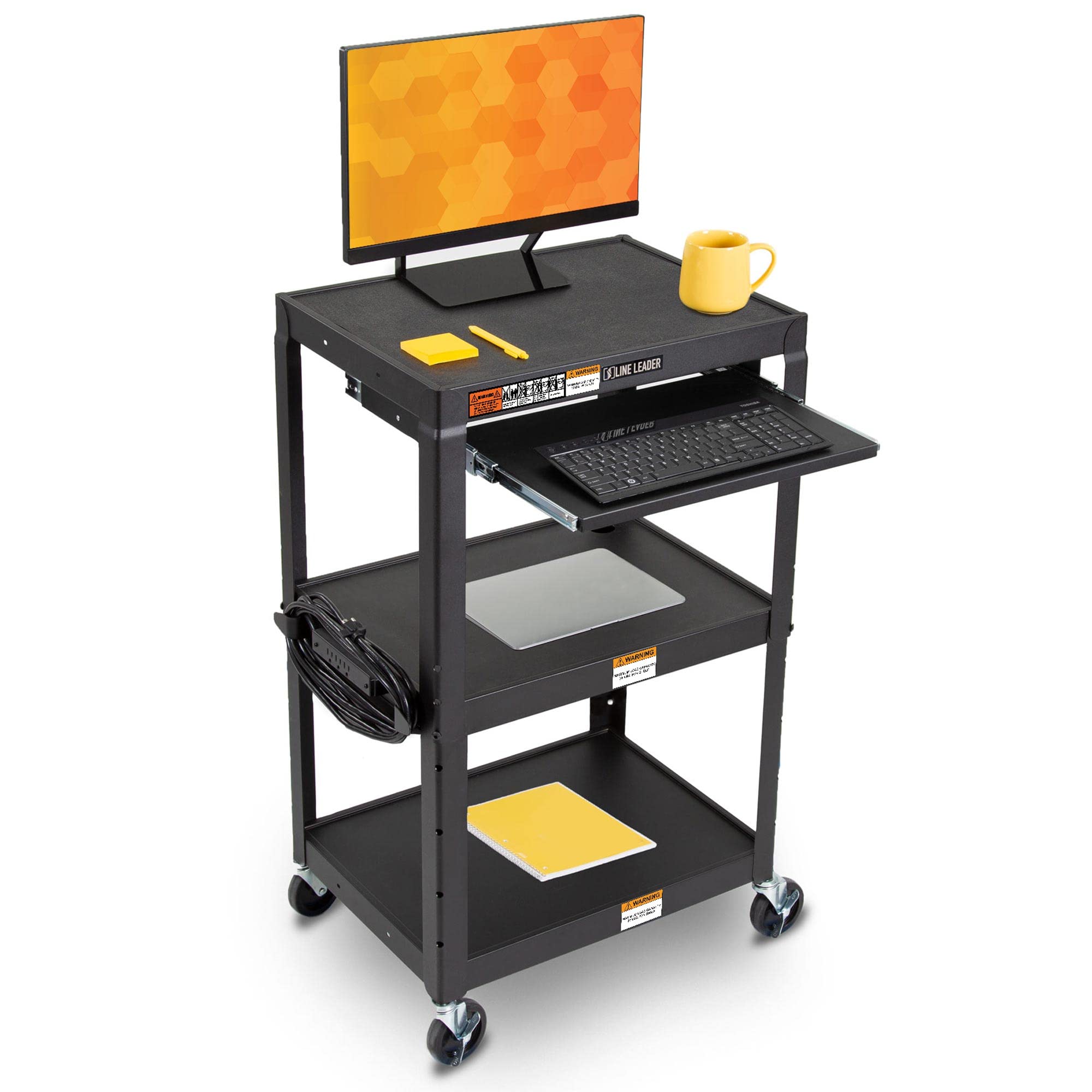 Stand Steady Line Leader AV Cart on Wheels | Height Adjustable Top Shelf & Pullout Keyboard Tray | Includes 15 ft Power Cord with Cord Management | Easy Assembly (42in x 24in x 18in / Black)