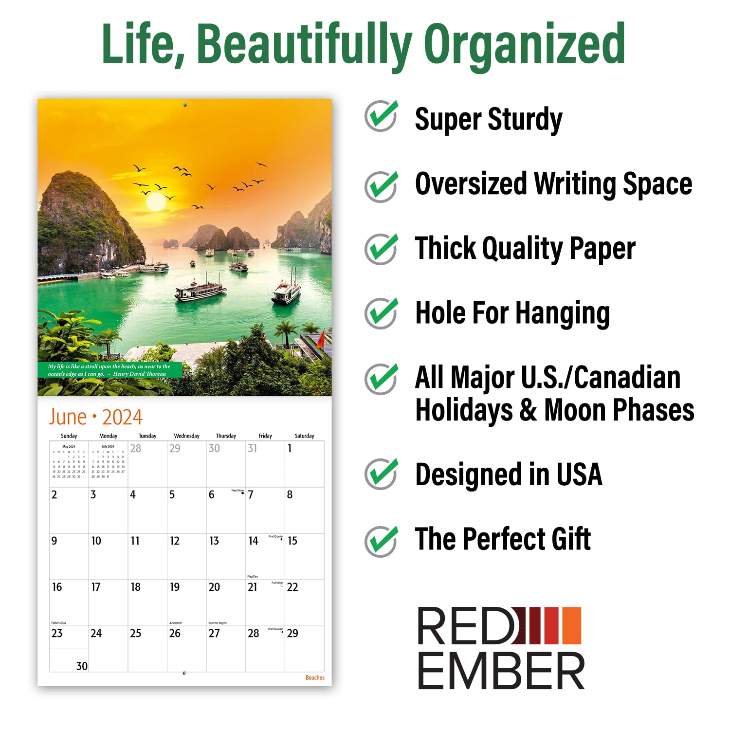 RED EMBER Beaches with Inspirational Quotes 2024 Hangable Monthly Wall Calendar | 12" x 24" Open | Thick & Sturdy Paper | Giftable | Waves Ocean Beautiful Tropical Scenic Nature | Your Daily Getaway