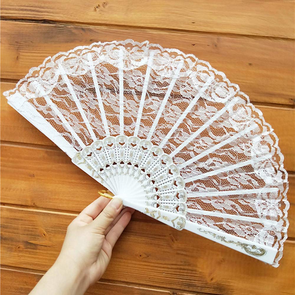 TEEGUI Lace Hand Held Folding Fan Dance Party Wedding Decor Clip on Fan Battery Operated (I, One Size)