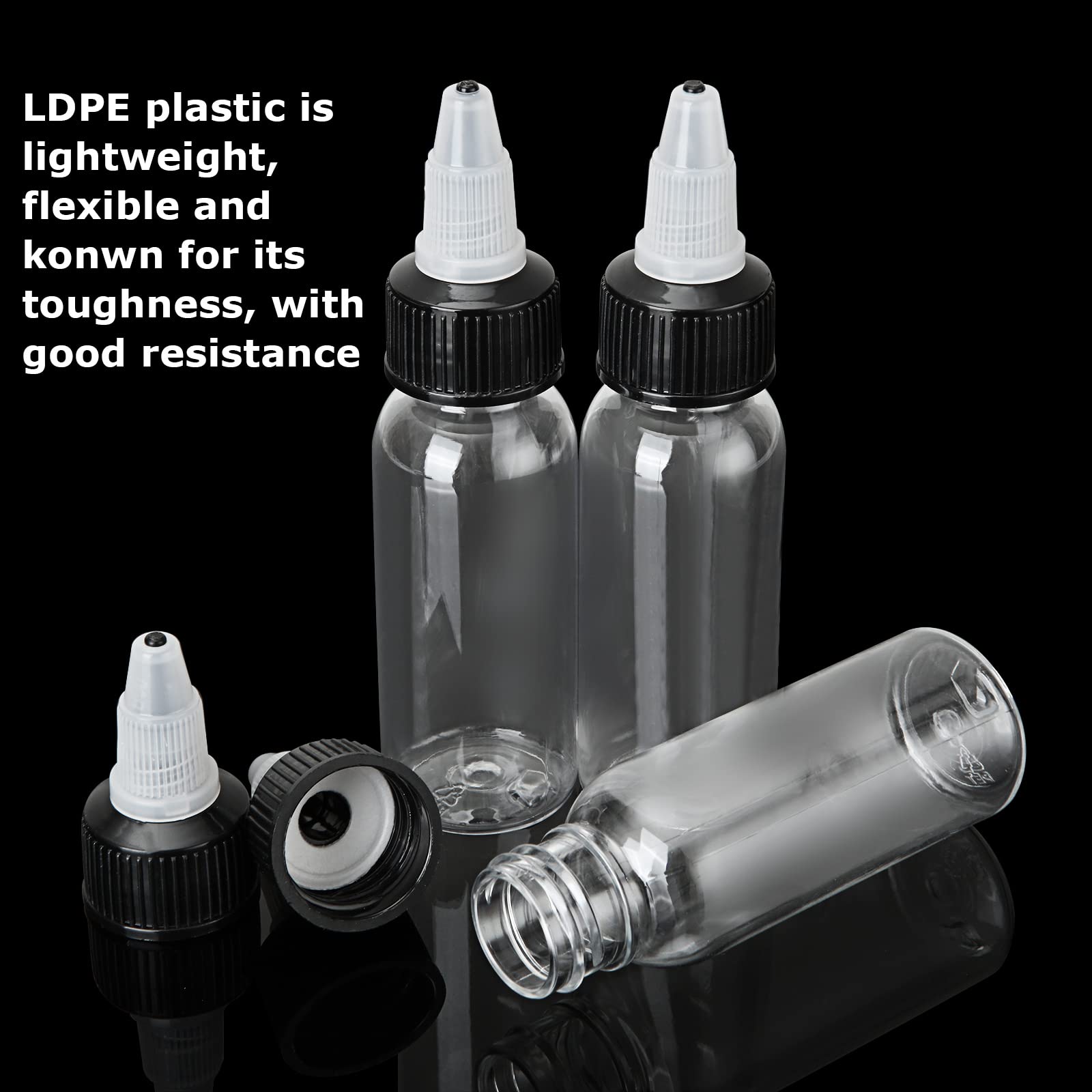 ZOFORTY 60 Pack 1oz Boston Dispensing Bottles Plastic Squeeze Bottles with Twist Top Cap Round HDPE Bottles for Crafts, Liquids, Inks, Kitchen, Household