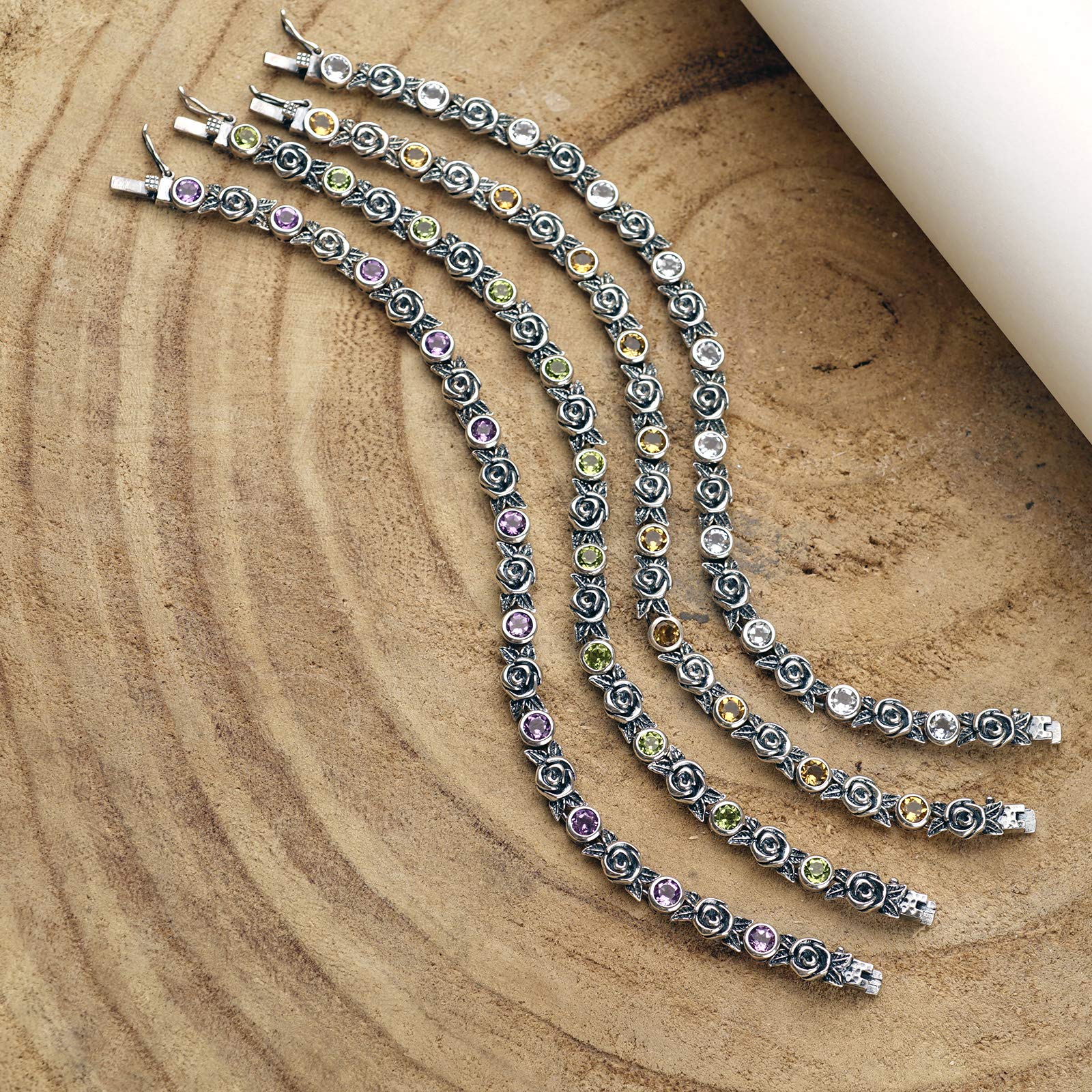 PZ Paz Creations 925 Sterling Silver Clear Quartz Gemstone Rose Tennis Bracelet (6.75, Clear Quartz)