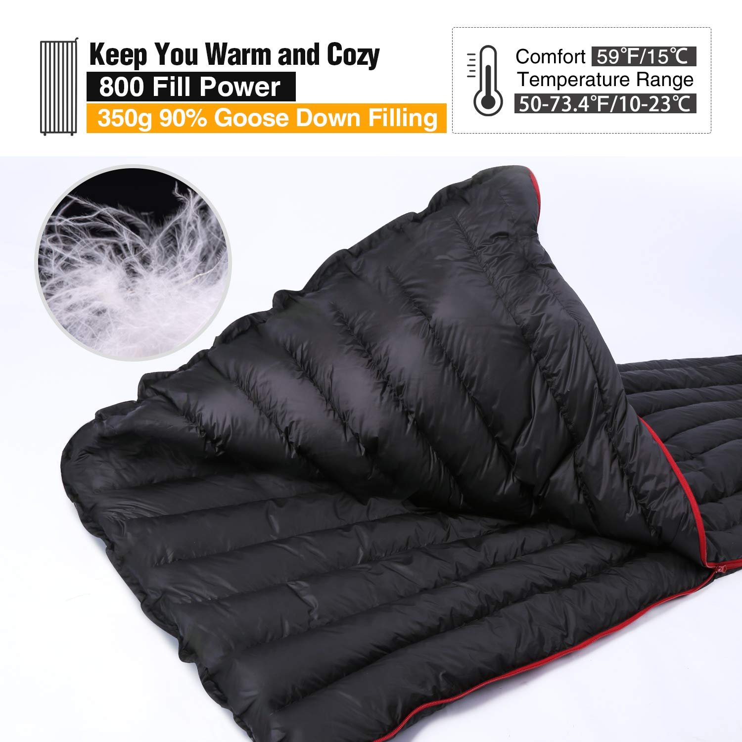 REDCAMP Ultralight Down Sleeping Bag for Backpacking, 78.7x31.5” Envelope 59 Degree F 800 Fill Goose Down Underquilt Great for Adults Camping Hiking, Black
